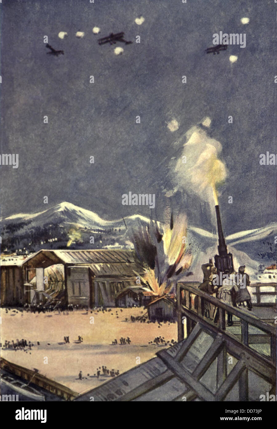 British WW1 aeroplanes bombing a Zeppelin Factory in Germany on Nov. 21 ...