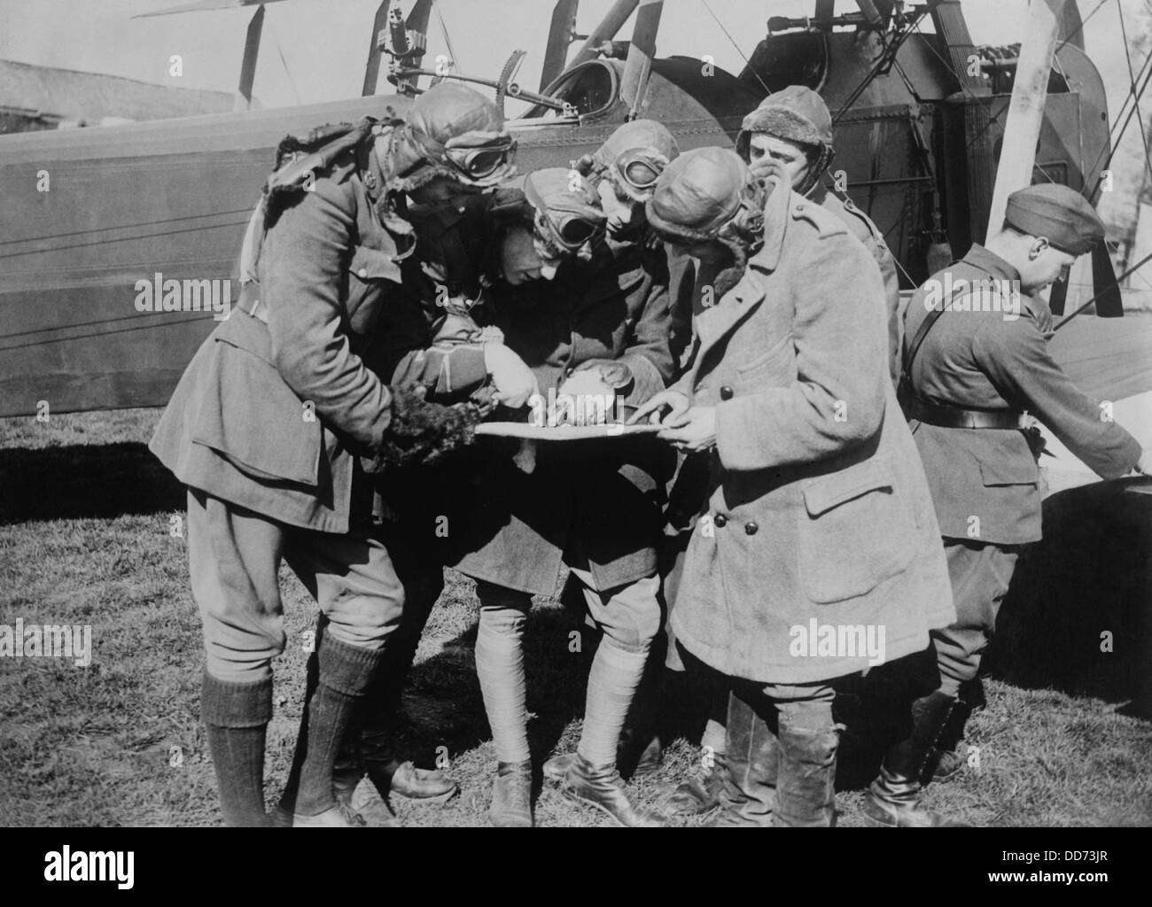 British WW1 flyers consultation prior to taking to the air. 1915-18 ...