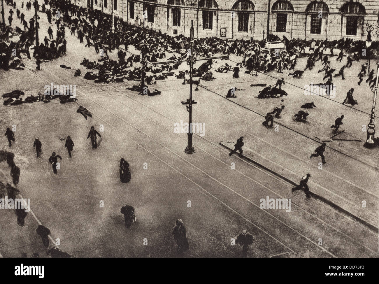 Bolshevik protest scattered by machine guns. Nevsky Prospect, Petrograd ...