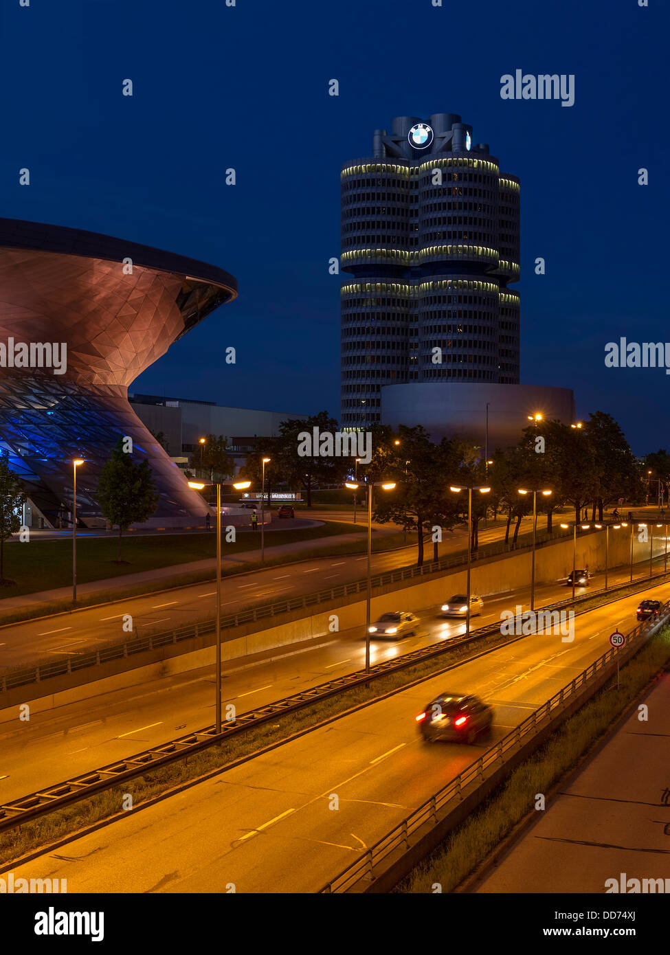 Germany, Bavaria, Munich, View of BMW headquarters with BMW tower and ...