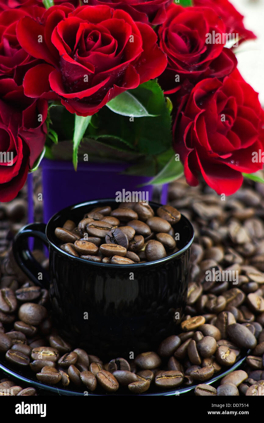 coffee beans and red roses Stock Photo - Alamy