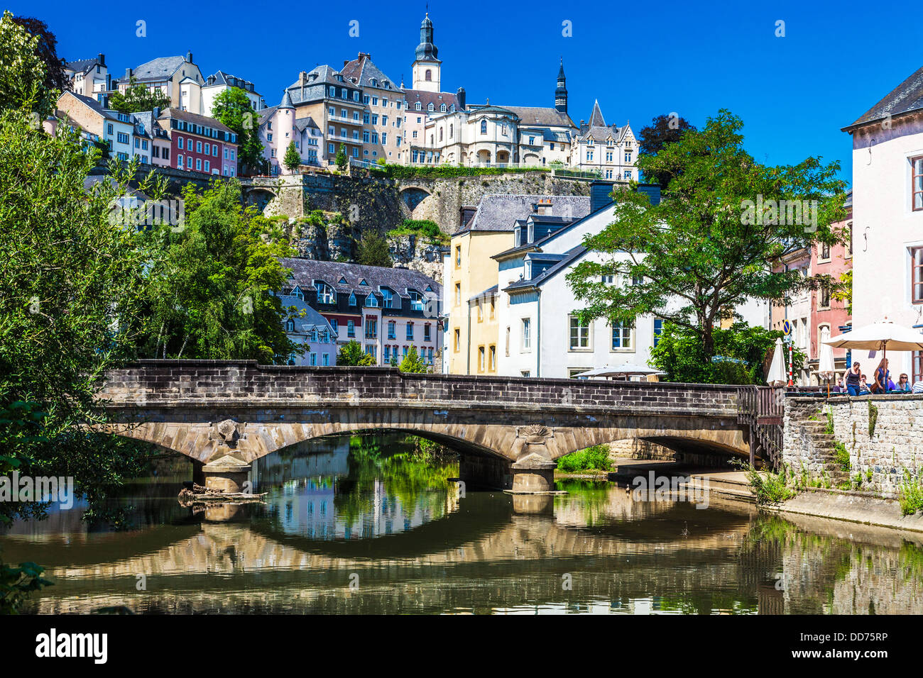 View towards the medieval Ville Haute from the River Alzette in the ...