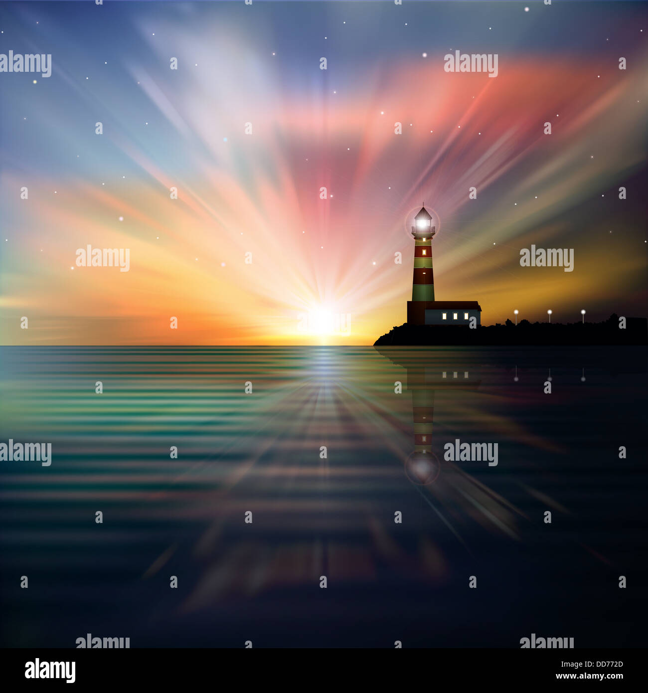 abstract sea background with lighthouse and sunrise Stock Photo - Alamy