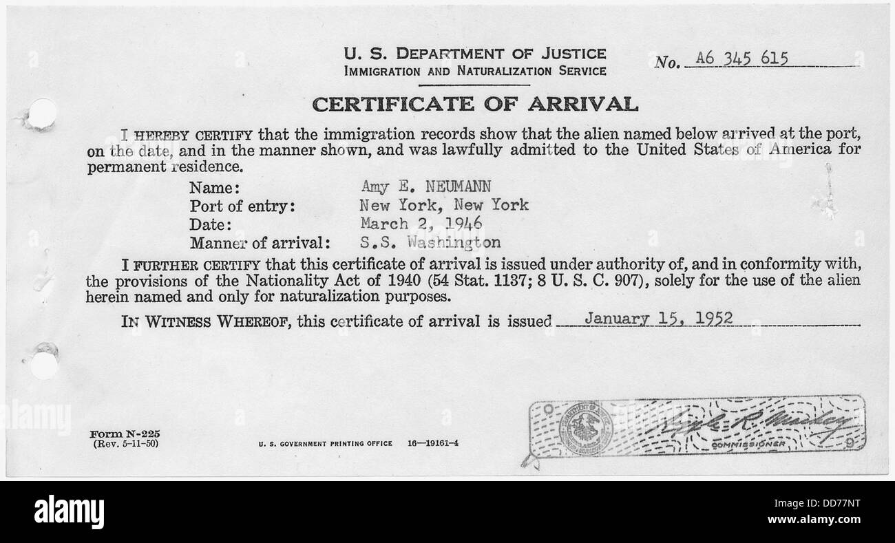 A certificate of arrival for Amy E. Neumann, a formal document marking ...