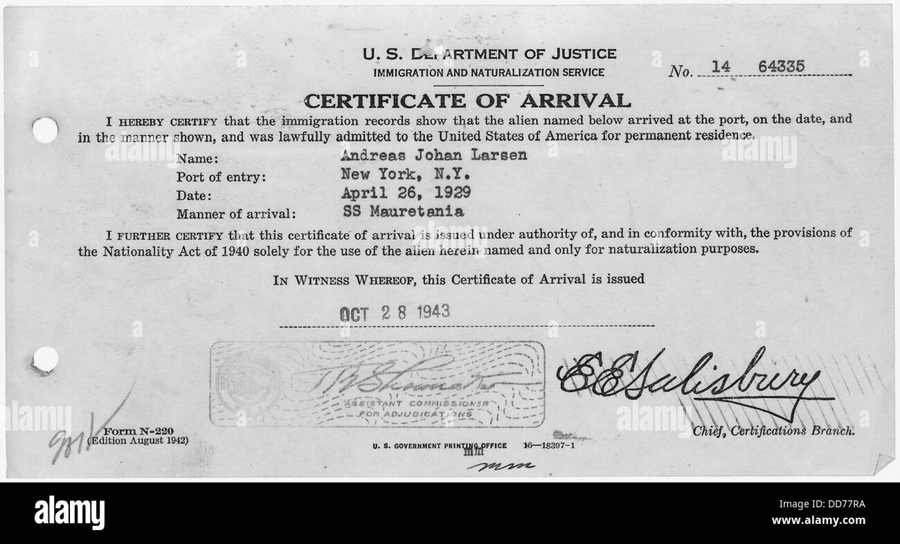 This image features the certificate of arrival for Andreas Johan Larsen ...