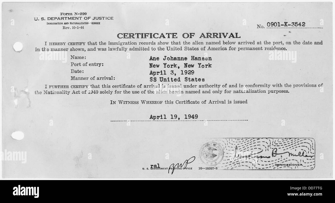 The Certificate of Arrival for Ane Johanne Hansen marks her arrival in ...