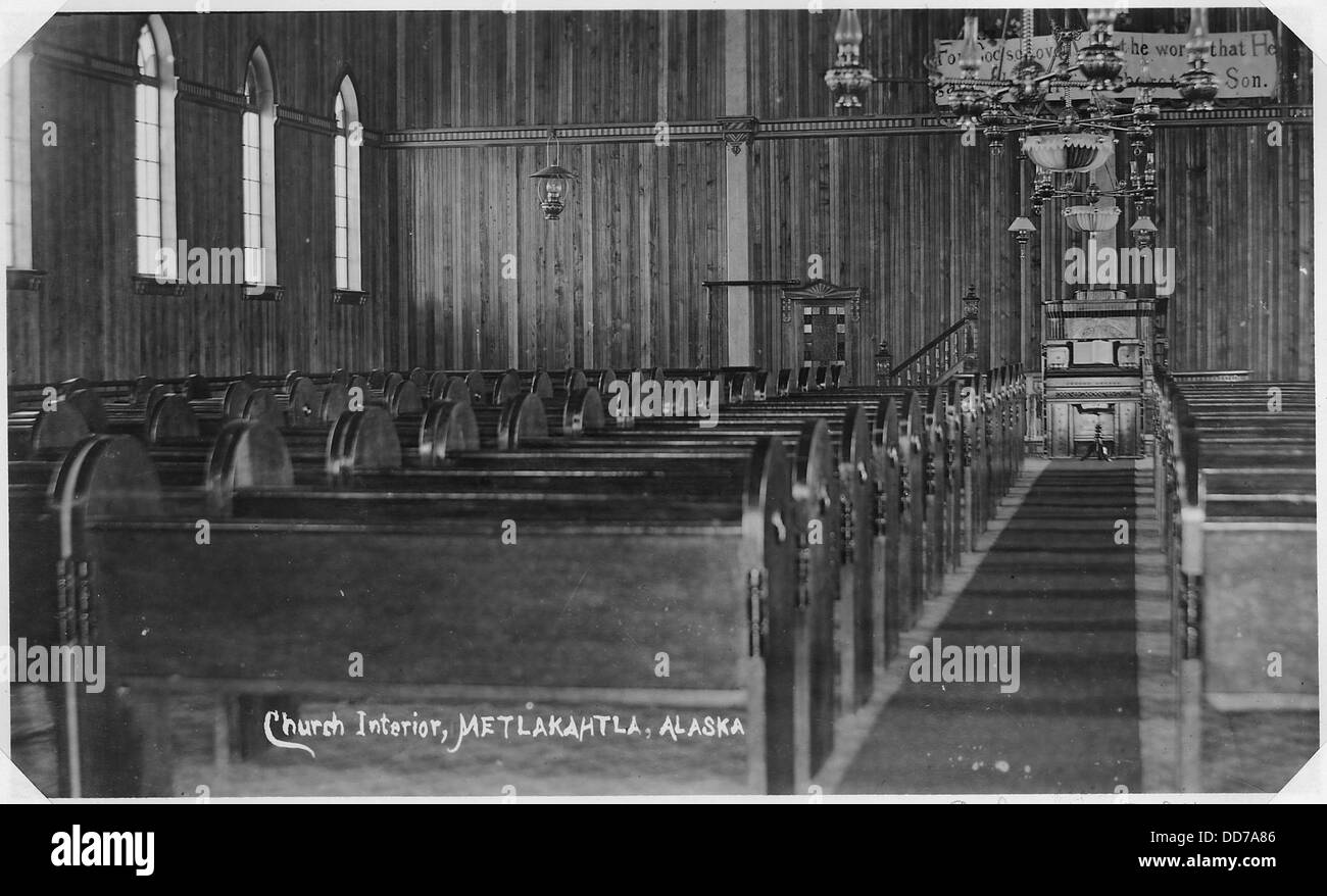 This image captures the interior of a church in Metlakahtla, Alaska, a ...