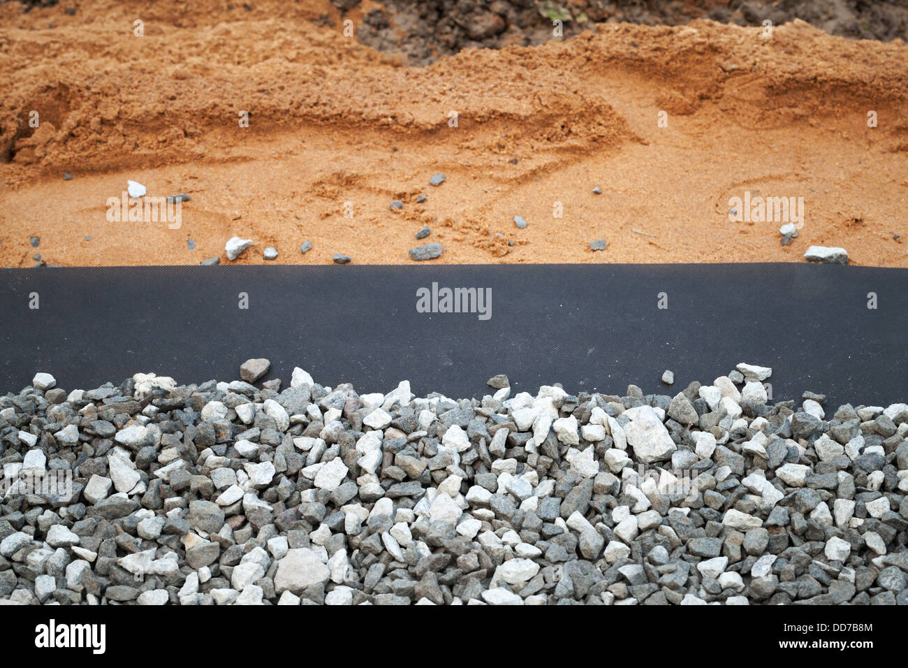 Geotextile with gray gravel above sandy backdrop Stock Photo - Alamy