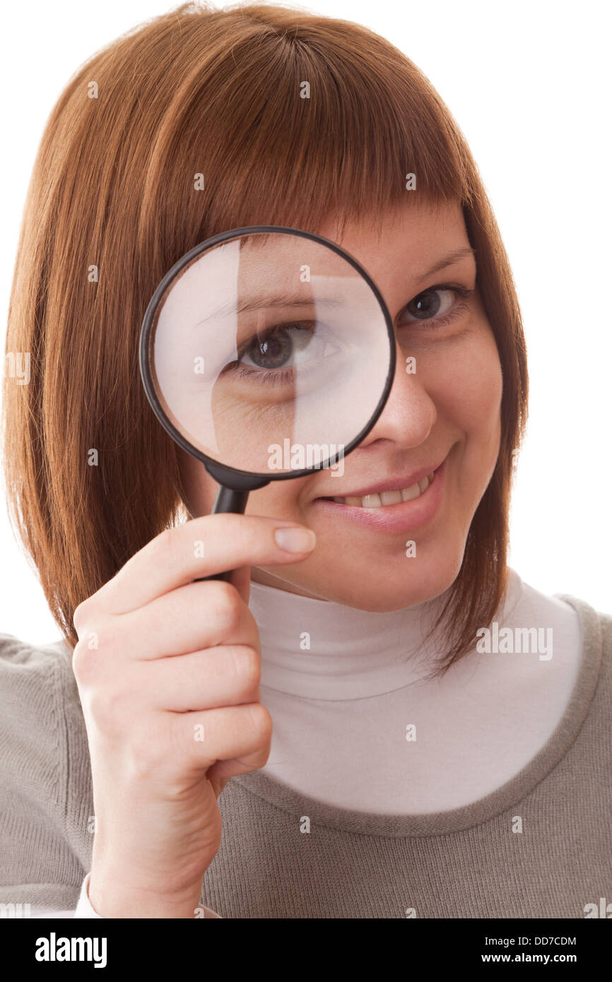 Portrait woman, Magnifying glass, isolated on a white background Stock ...