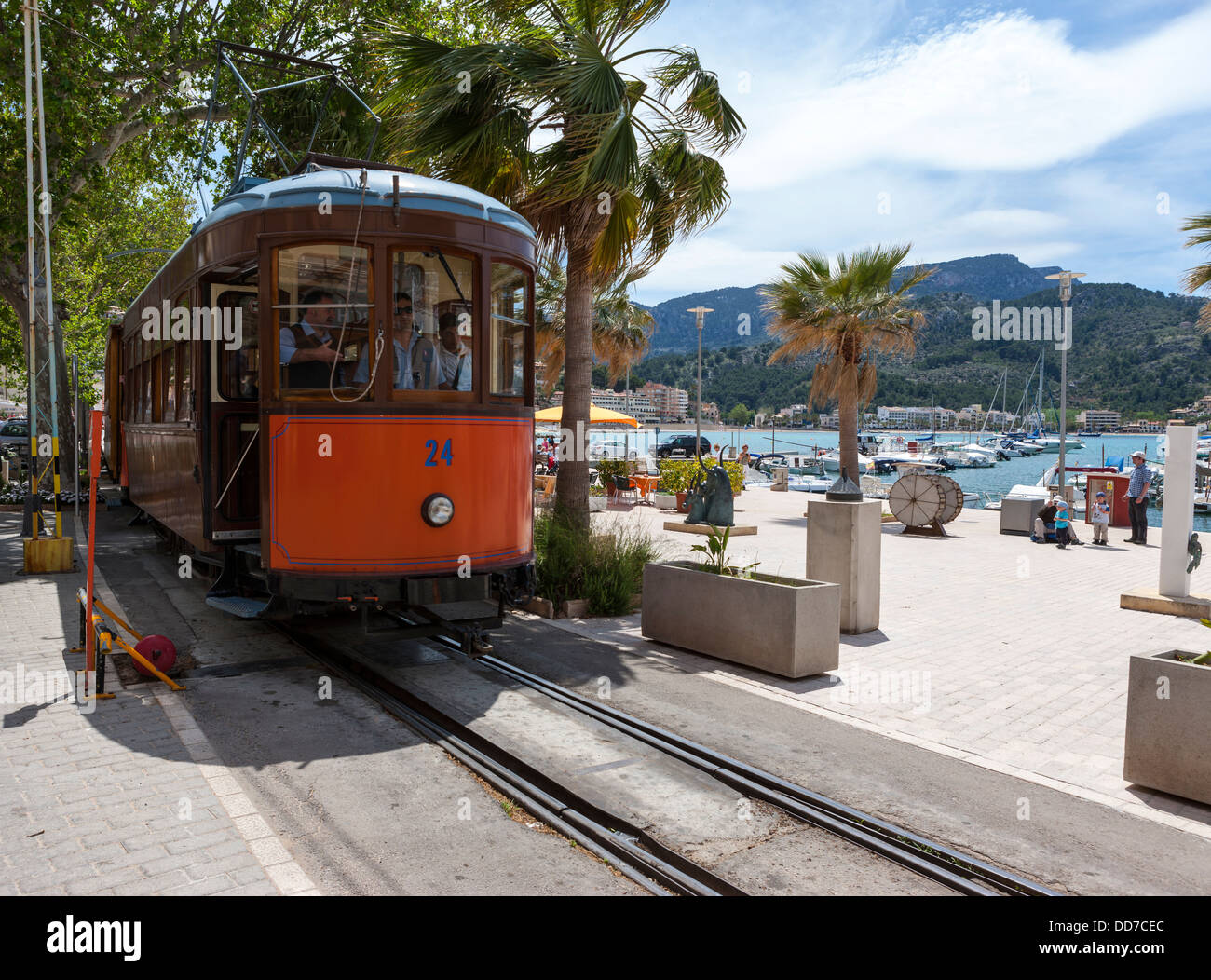 Spain, Majorca, Port De Soller, View of historic train near ...