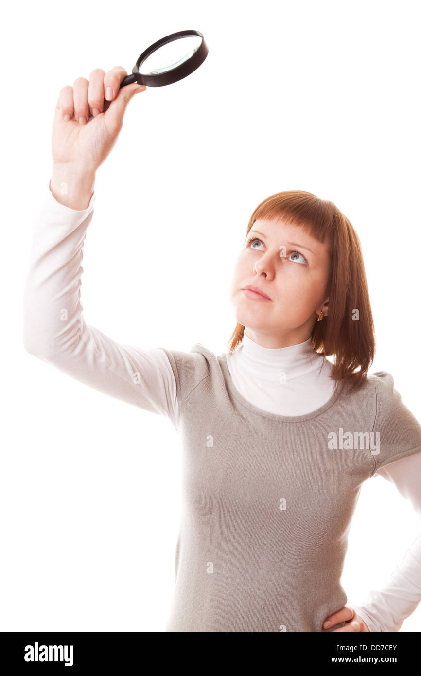 Portrait woman, Magnifying glass, isolated on a white background Stock ...