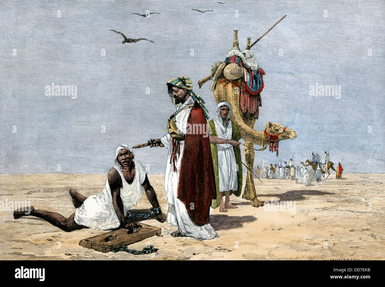 Arab Slave Trader Shooting An Exhausted Slave In The African Desert Hand Colored Woodcut Stock