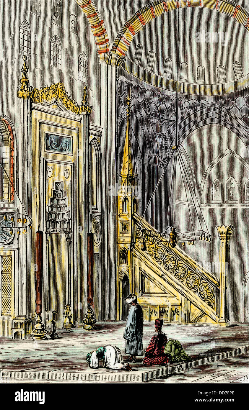 Muslims praying in a mosque in North Africa, 1800s. Hand-colored ...