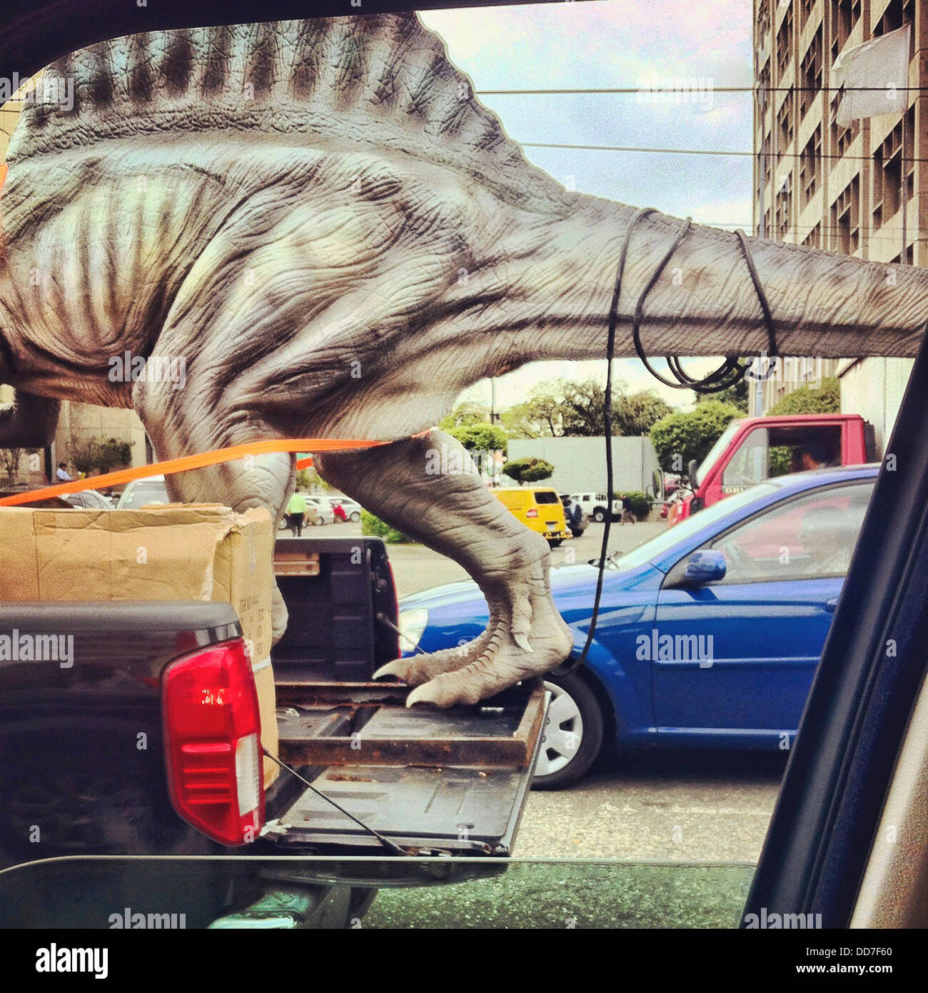 Dinosaur statue tied to pick-up truck Stock Photo - Alamy