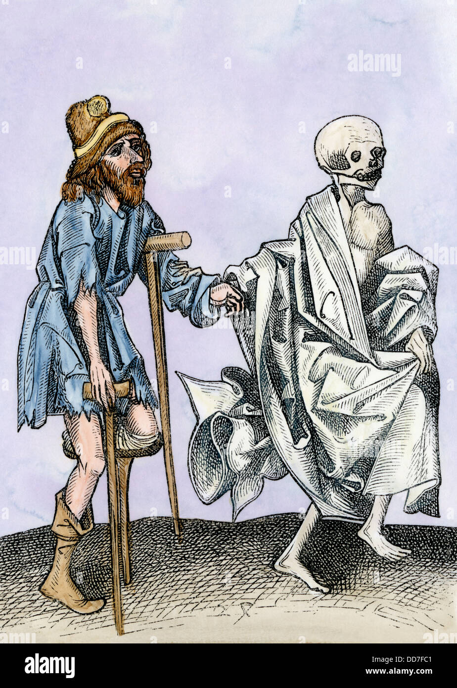 Medieval personification of Death leading a crippled man away. Hand ...