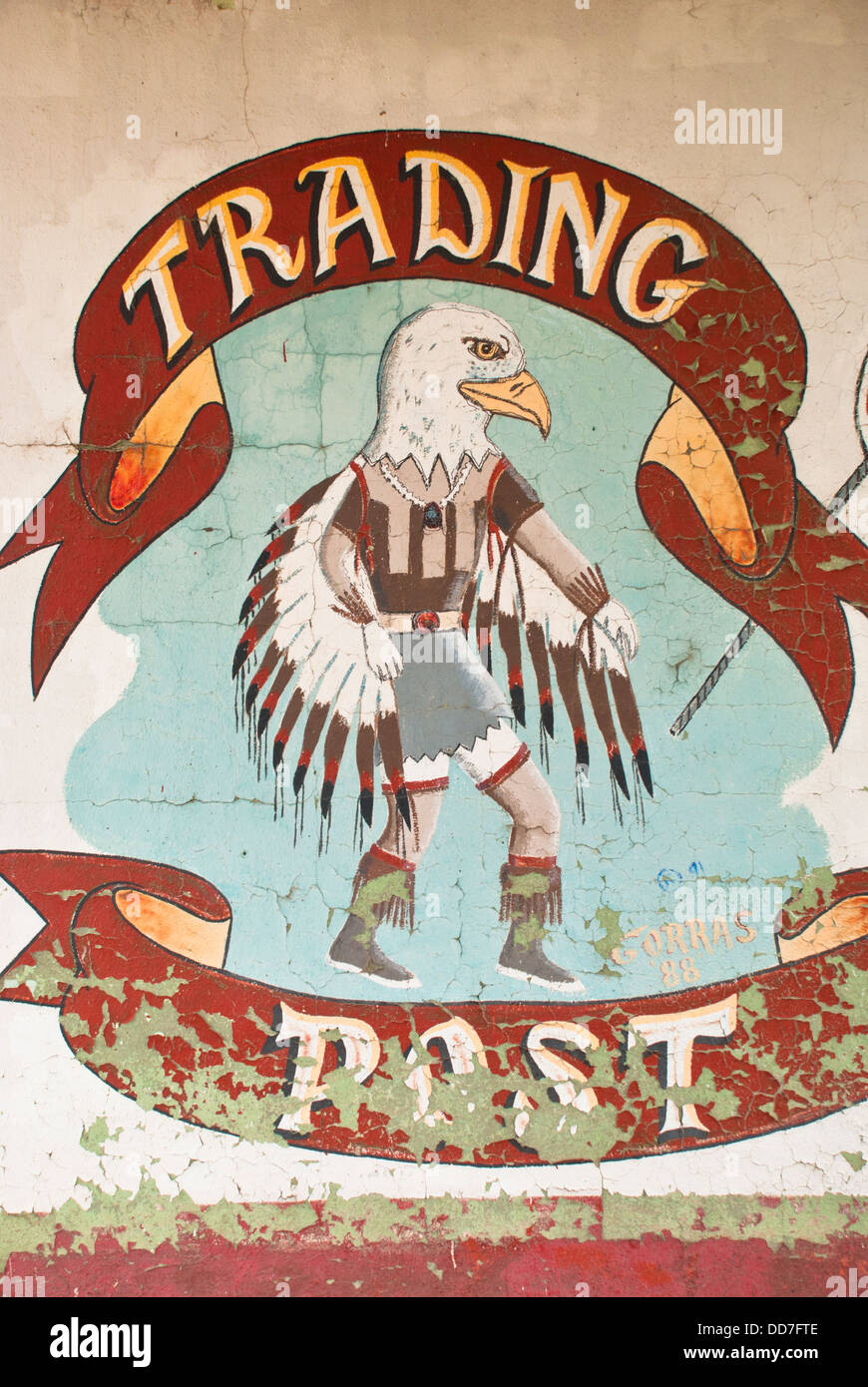 Native American design on the wall of an old abandoned trading post ...