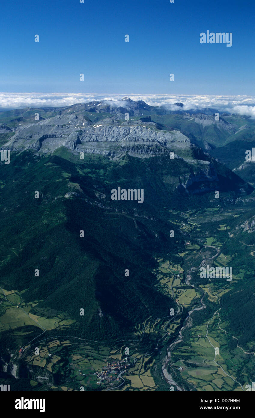 Aerial view of Pena Forca mountains and Hecho valley, Aragon, Spain ...