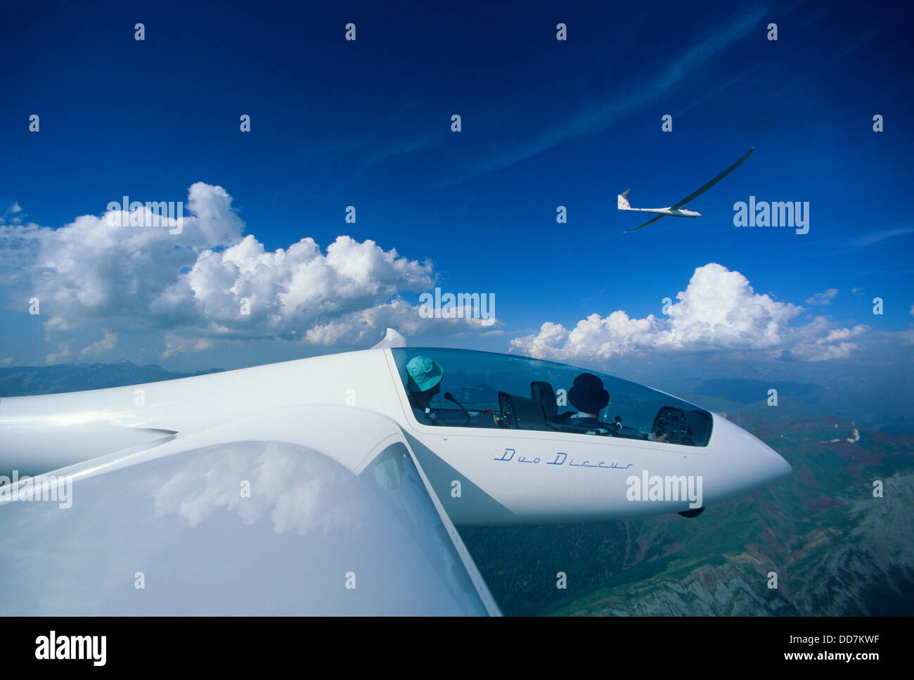 Two glider planes Duo Discus flying over Pyrenees mountains, north of ...