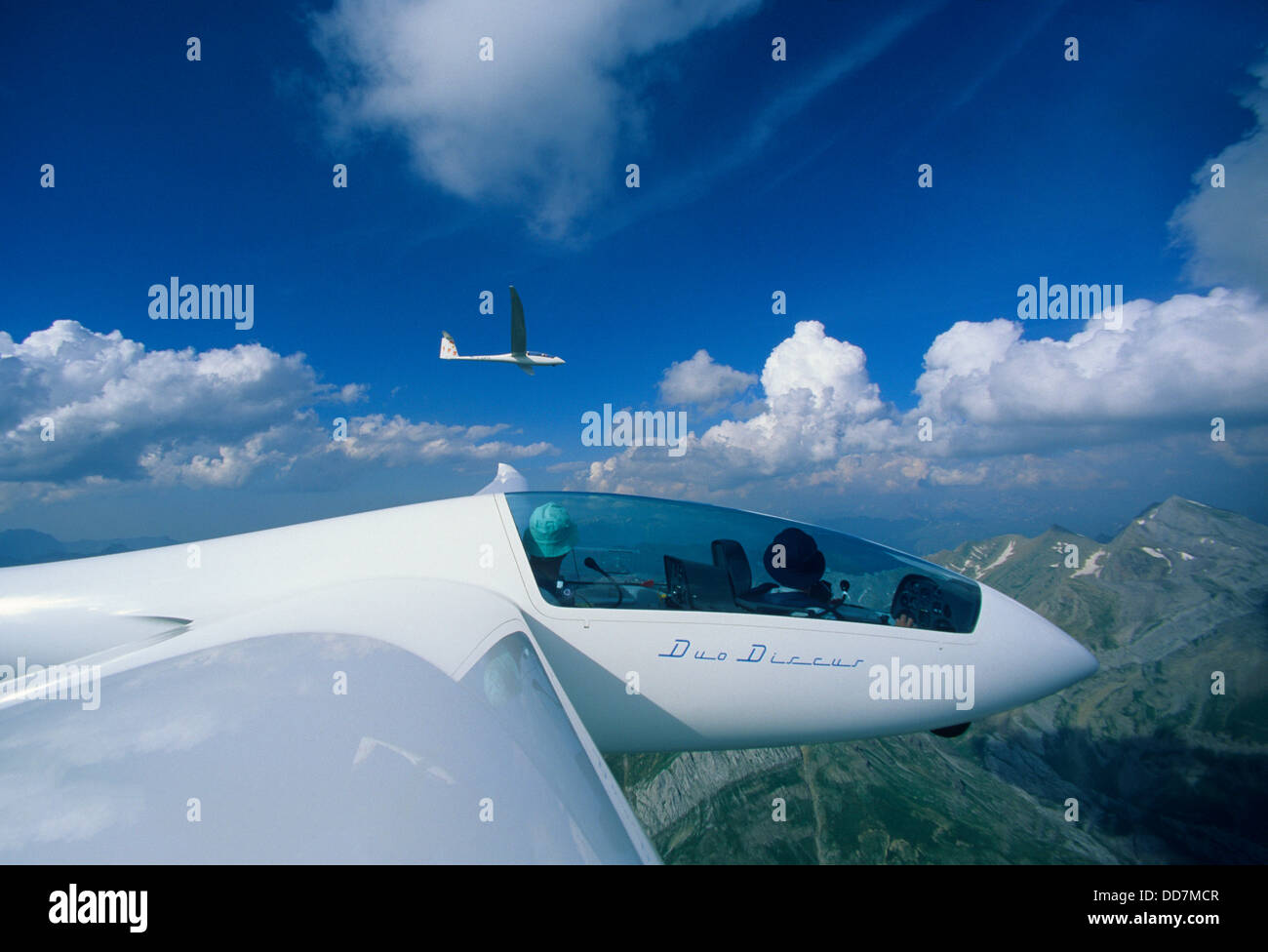 Two glider planes Duo Discus flying over Pyrenees mountains, north of ...