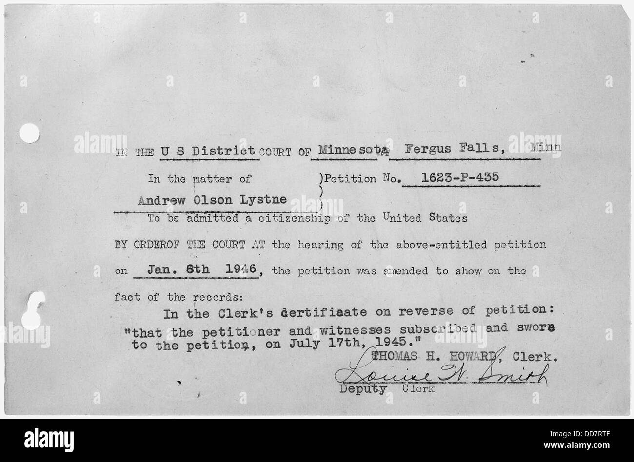This form relates to the naturalization of Andrew Olson Lystne, a ...