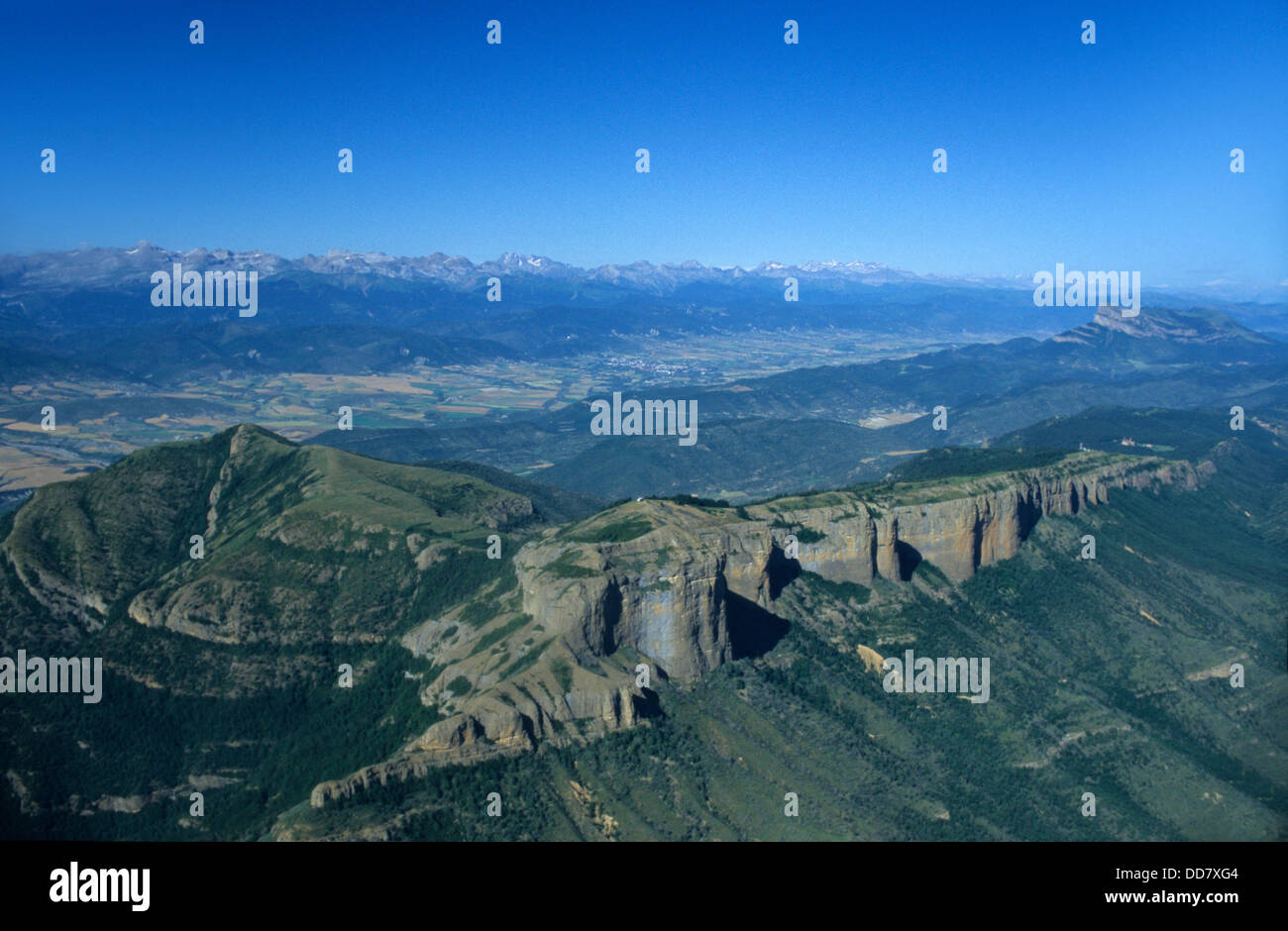 Aerial view of Sierra San Juan de la Pena and back Pyrenees range ...