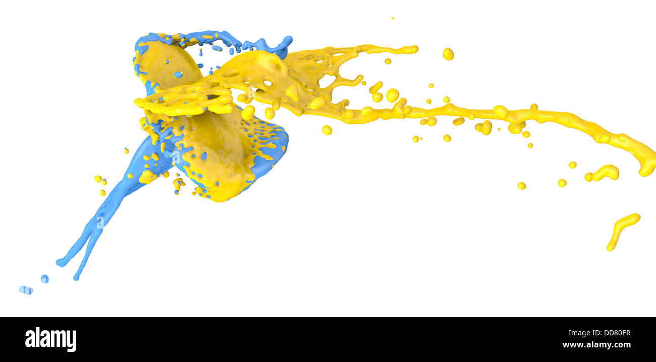 yellow and blue paint splashes collide - isolated on white background ...