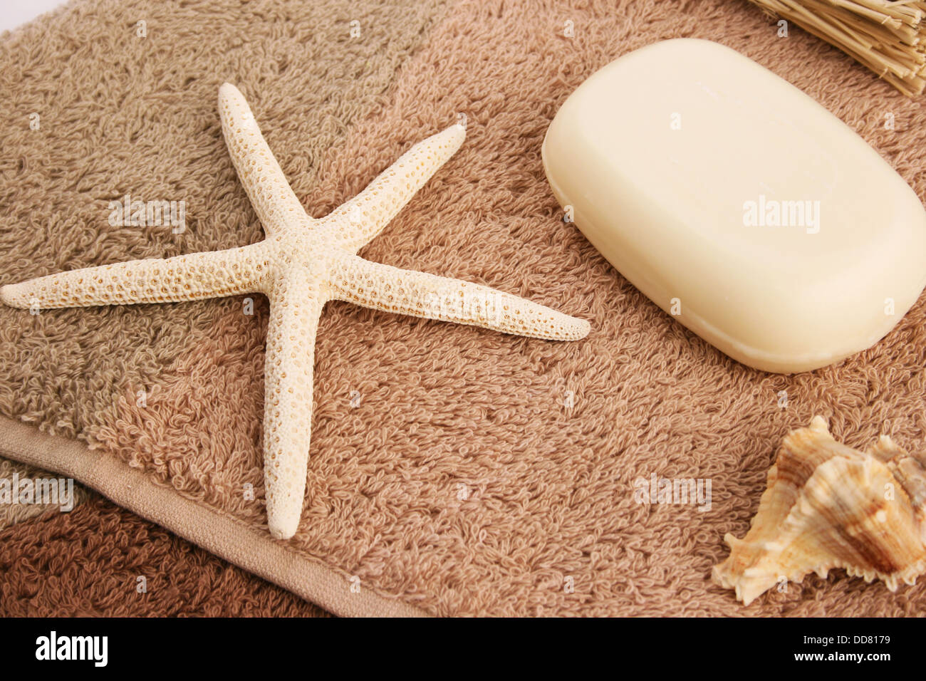 Towels with starfish, shell, soap horizontal closeup picture Stock ...