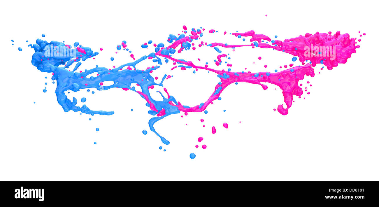 pink and blue color splashes collide, isolated on white Stock Photo - Alamy