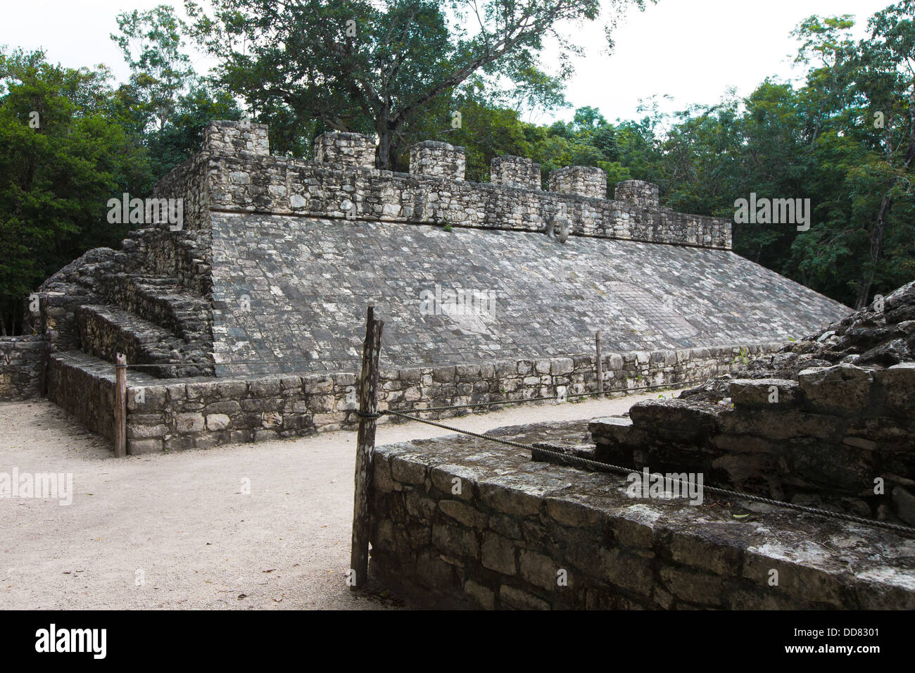 Deadly game, Mayan Ball game at ballcourt, ancient stone goal attached ...