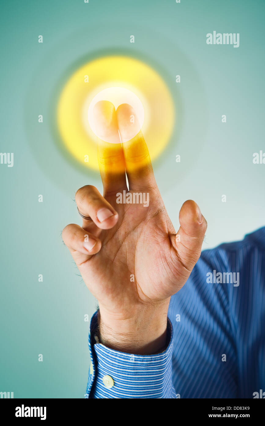 Businessman pressing touch screen button. Modern business technology ...