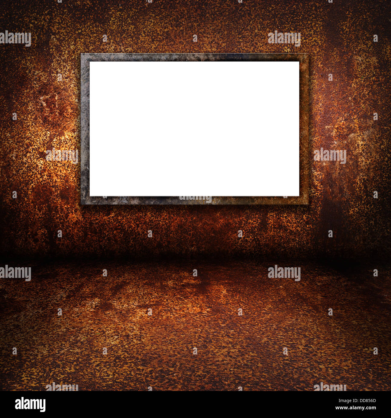 Corroded metal tank interior with picture frame for product placement ...