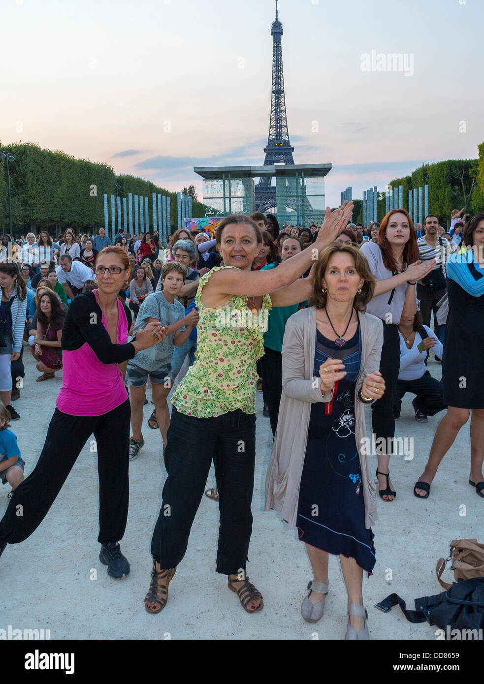 Paris, France, Large Crowd People, Women, Dancing Street Near Eiffel ...