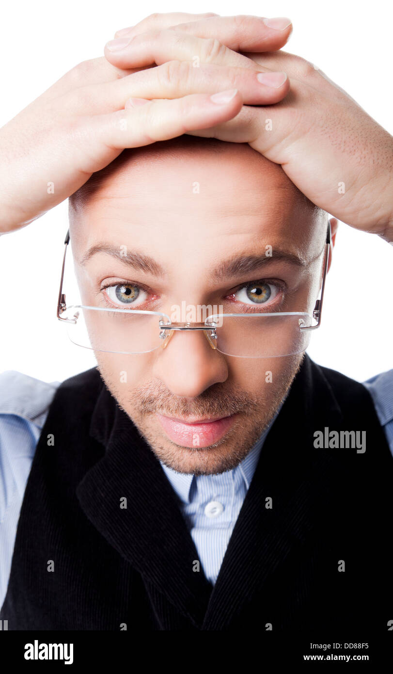 pop-eyed ╨╝an glasses hands on head Stock Photo - Alamy