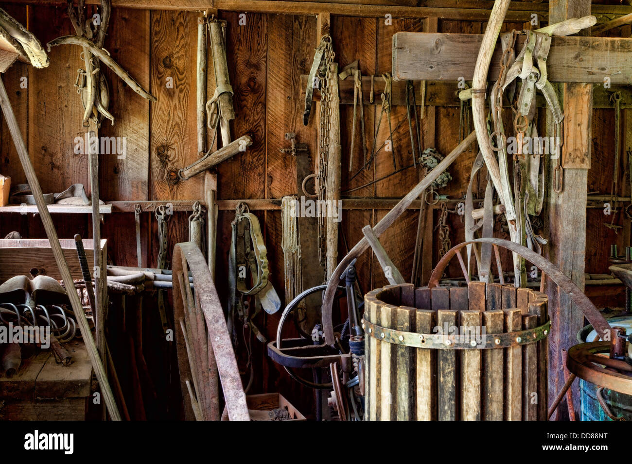 USA, Washington, Stehekin. View inside the tool shed on Buckner Orchard ...
