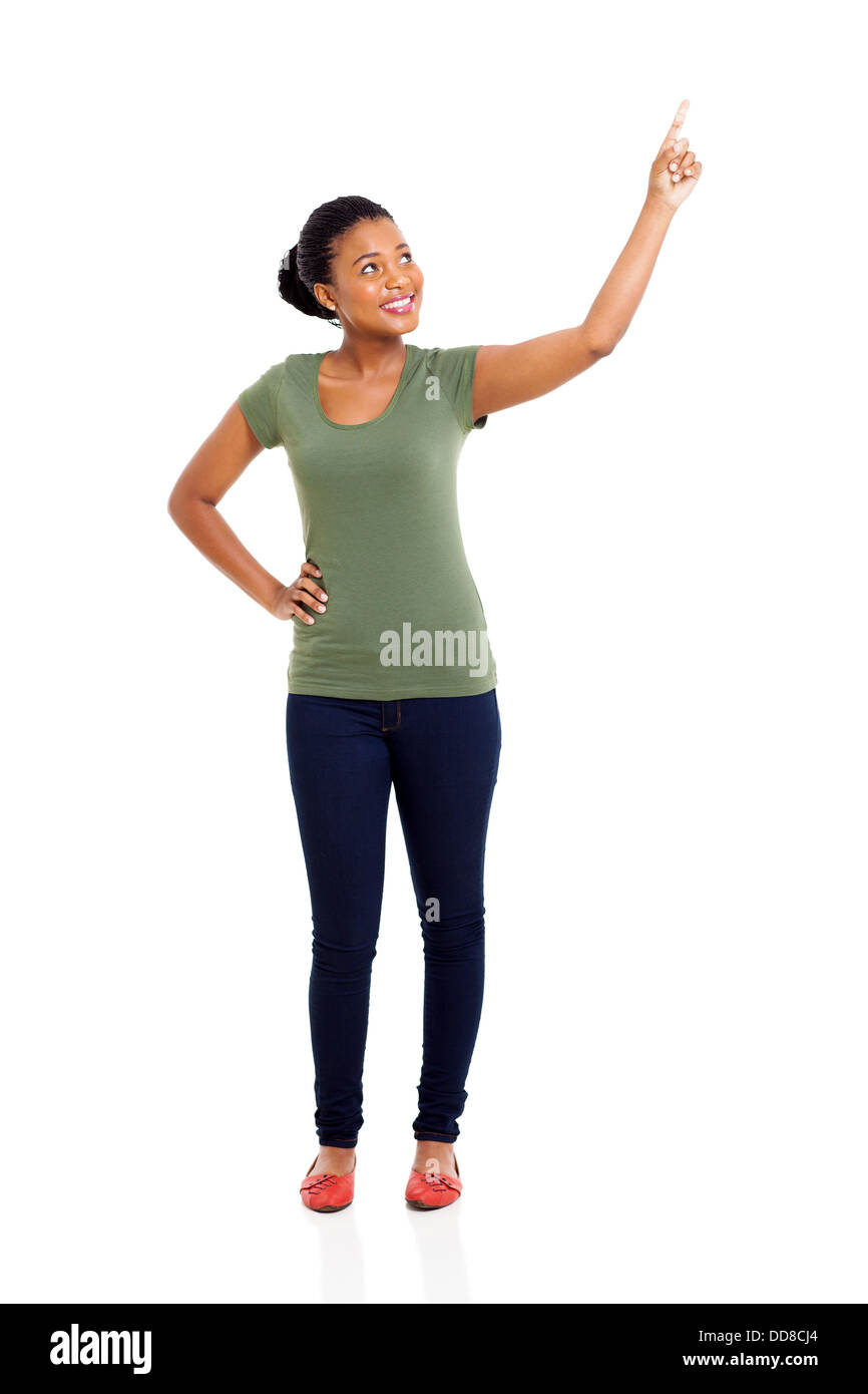 beautiful young African woman pointing up on white background Stock ...