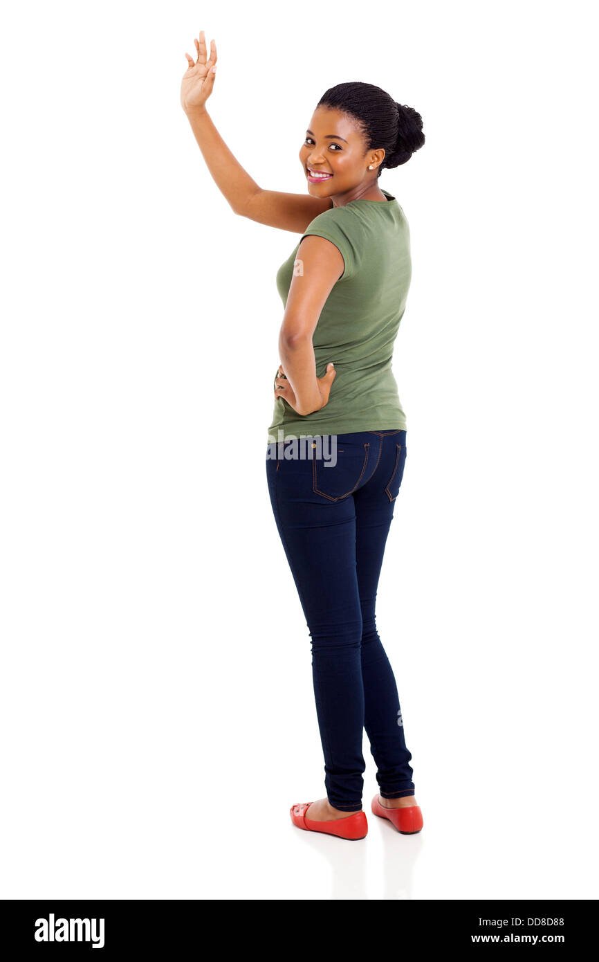 beautiful afro American woman waving goodbye on white background Stock ...