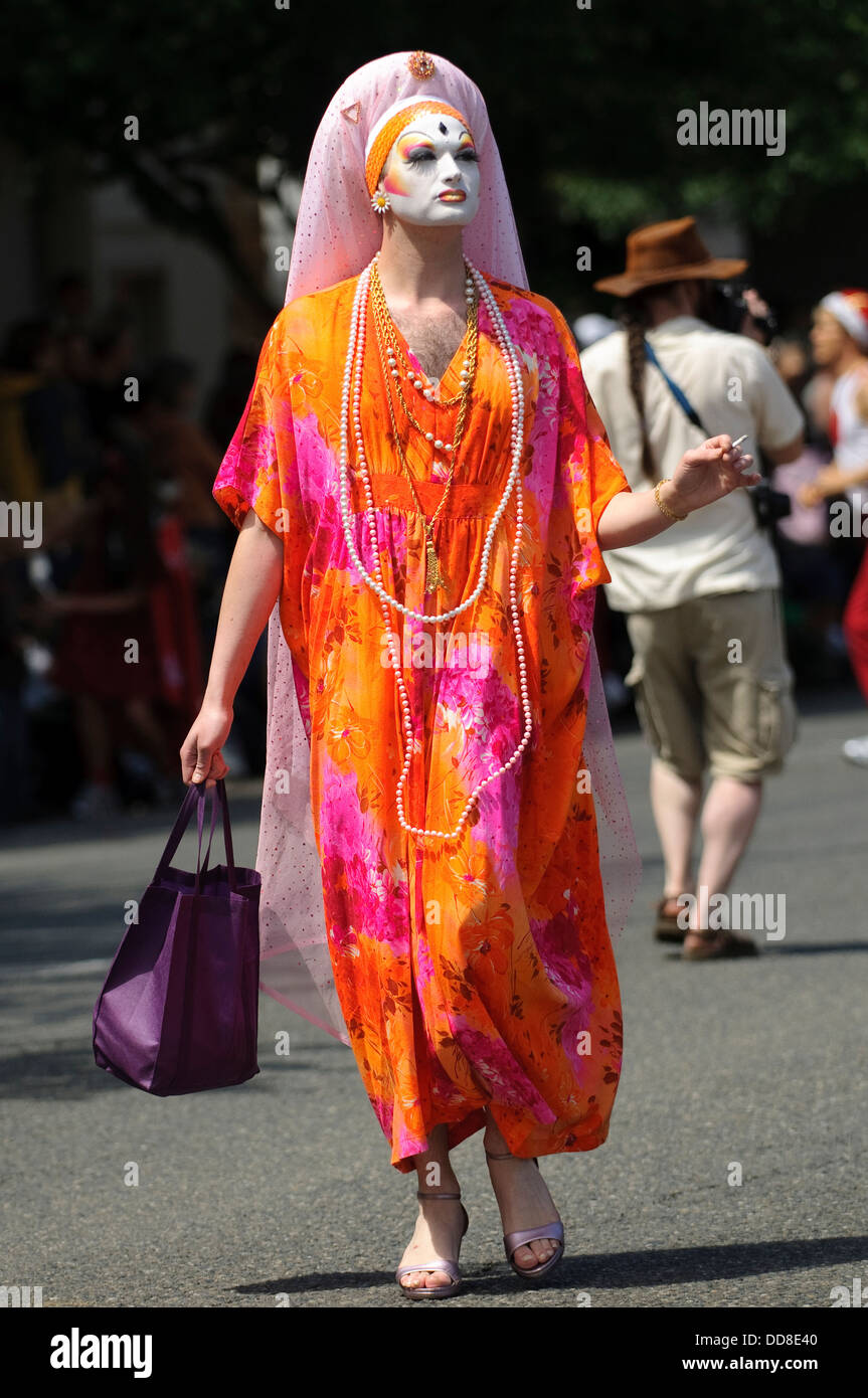 Man in drag walking in Seattle's Fremont Solstice Parade Stock Photo ...