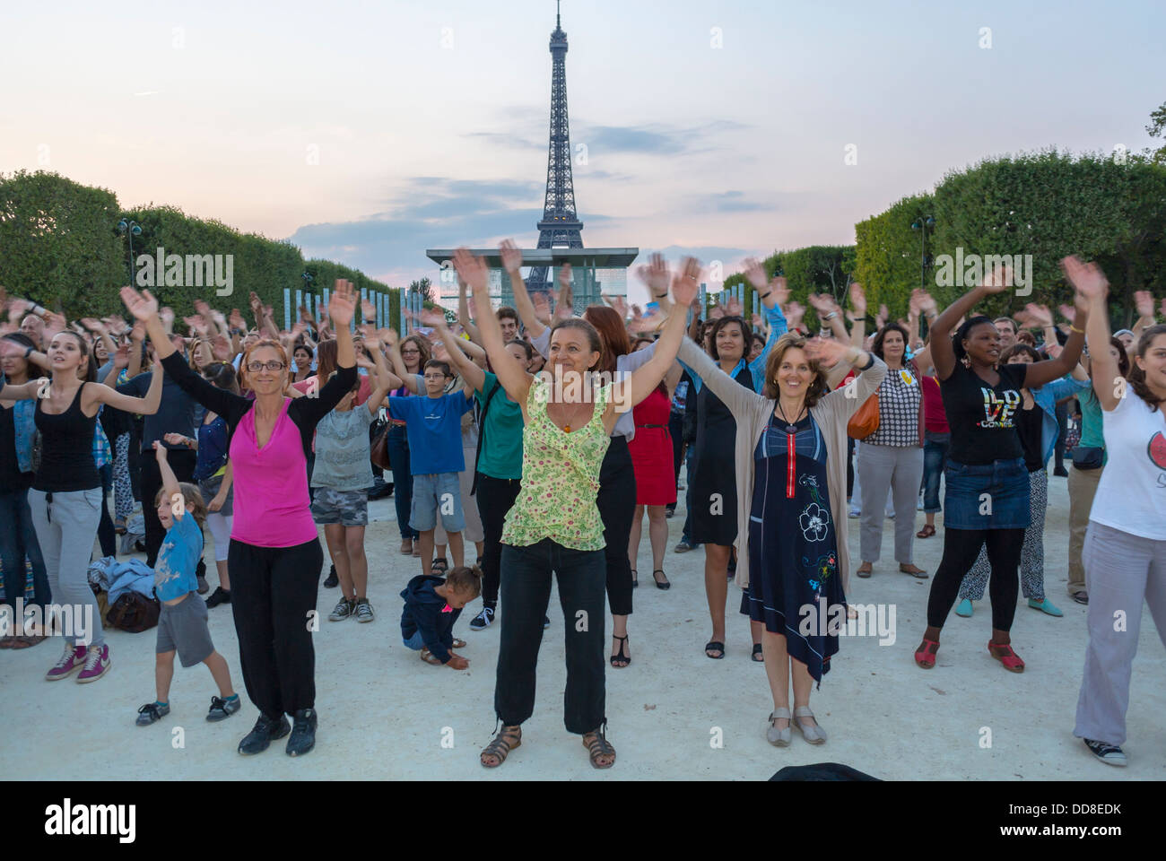 Paris, France, Large Crowd of People, Women, Street Dancing Near Eiffel ...