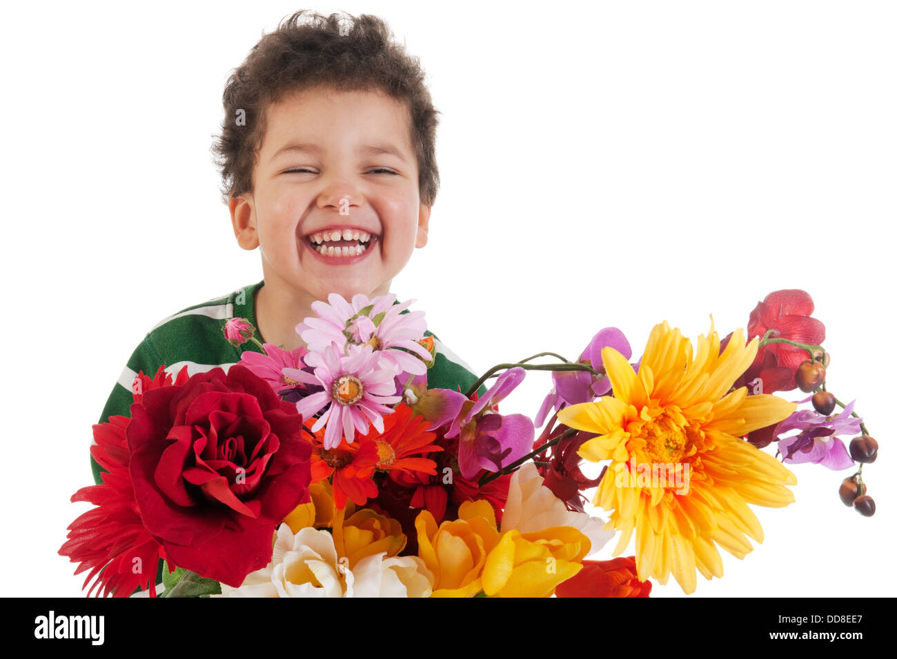 Laughing boy with flowers Stock Photo - Alamy