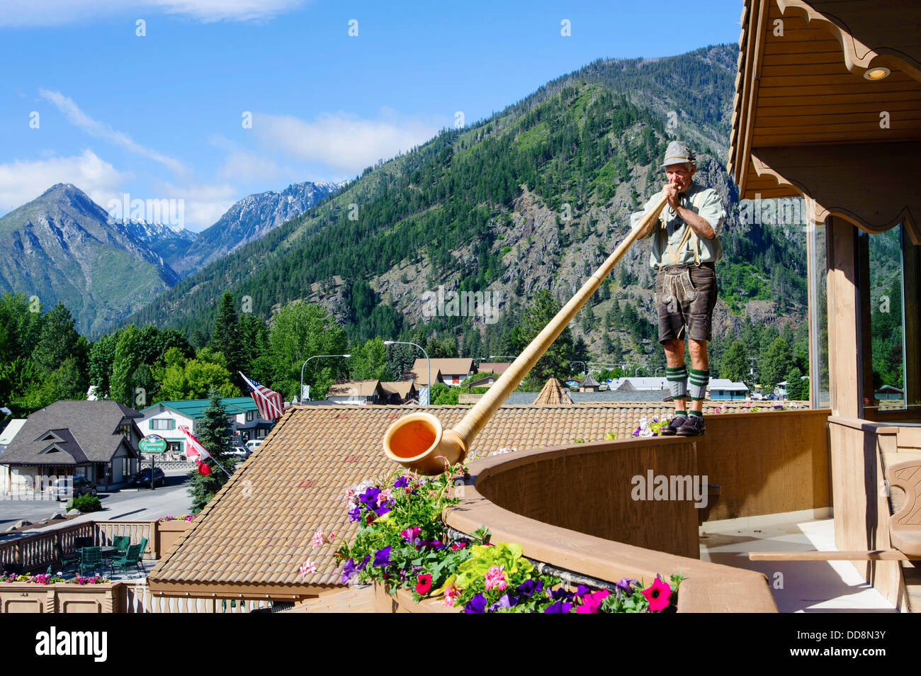 USA, Washington, Leavenworth. Twice each morning the alphorn is played ...
