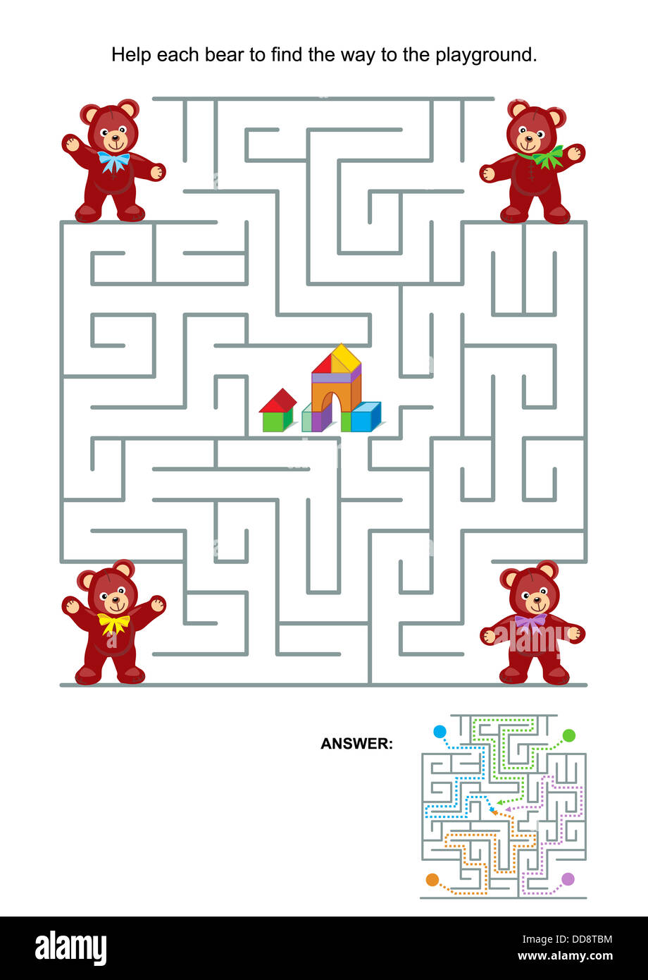 Maze game or activity page for kids: Help each bear to find the way to ...