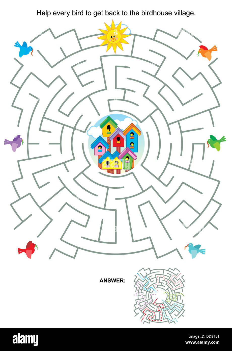 Maze game or activity page for kids: Help every bird to get back to the ...