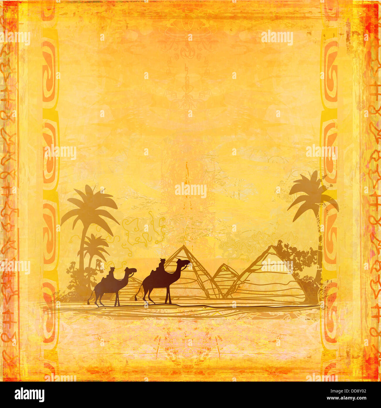 Camel train silhouetted against colorful sky crossing the Sahara Desert ...