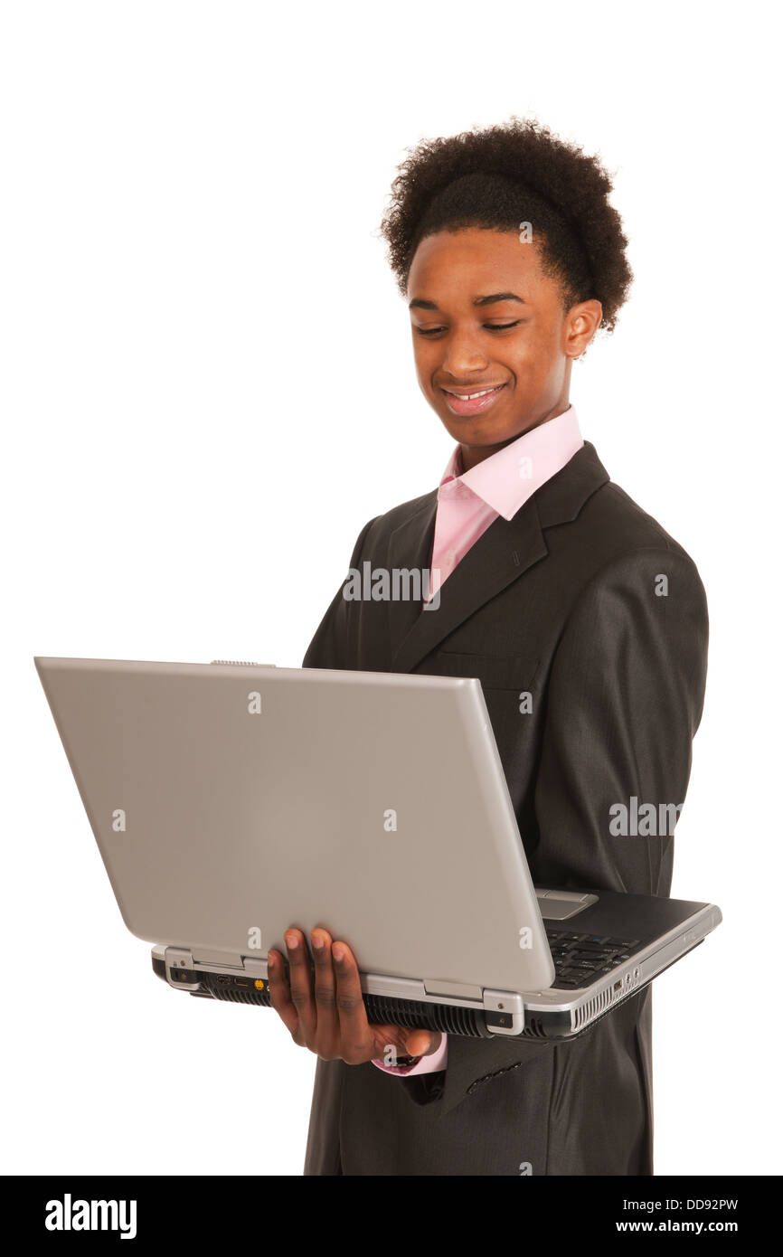 Black business man happy with laptop Stock Photo - Alamy