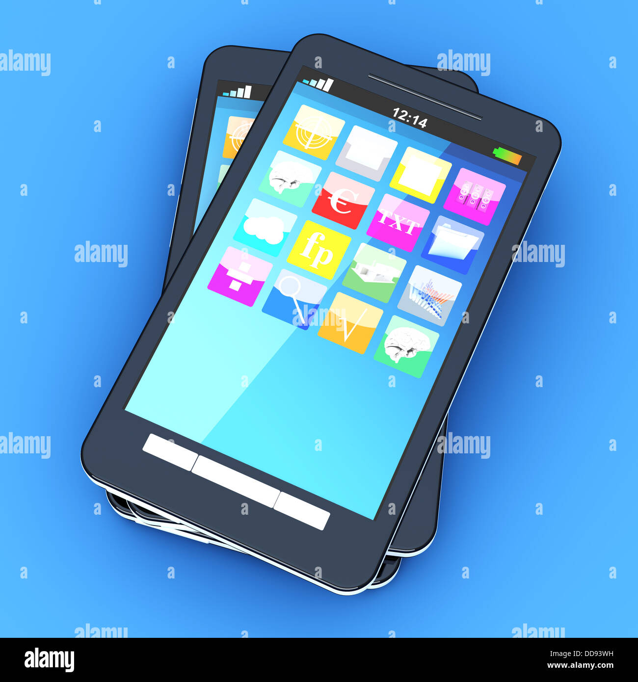 Three smartphones in a line. 3D illustration Stock Photo - Alamy