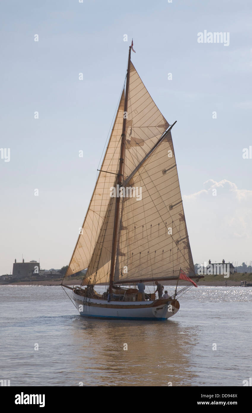 Historic wooden sailing yacht boat full sail River Deben mouth Bawdsey ...