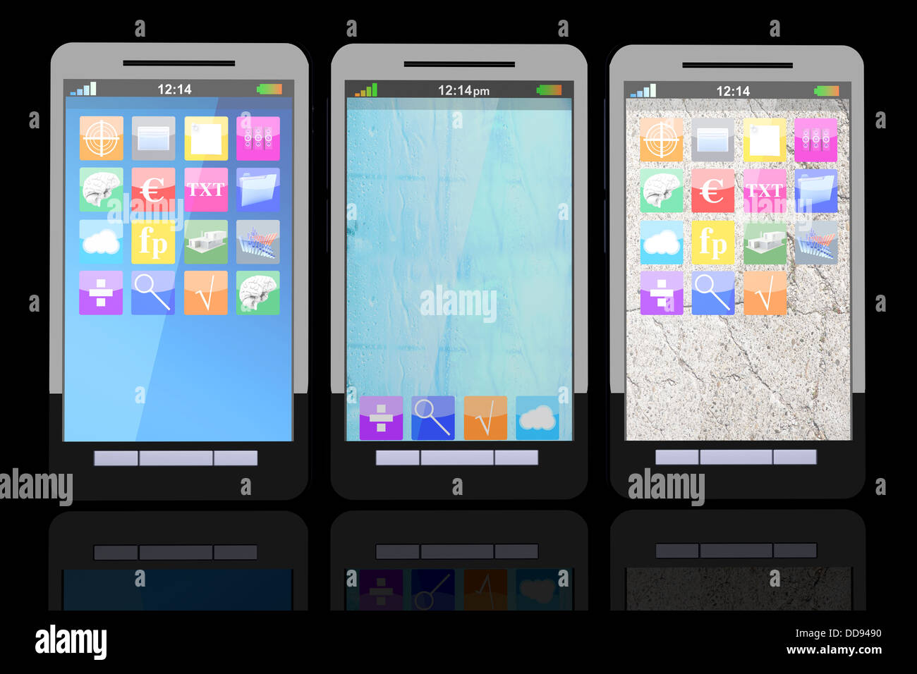 Three smartphones in a line. 3D illustration Stock Photo - Alamy