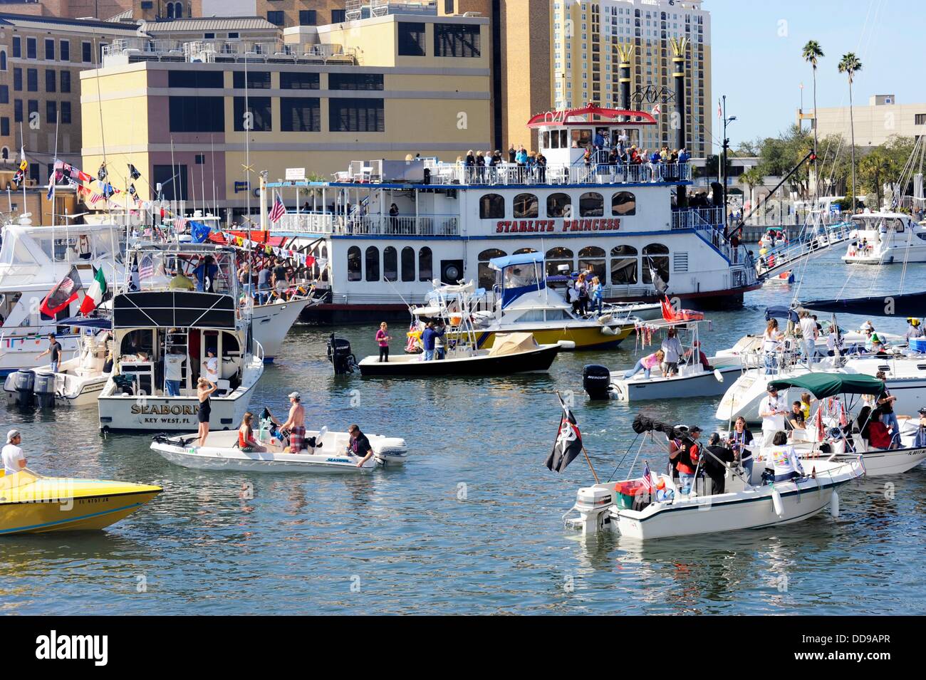 Crowd with boats downtown Tampa Gasparilla Pirate Festival Stock Photo ...