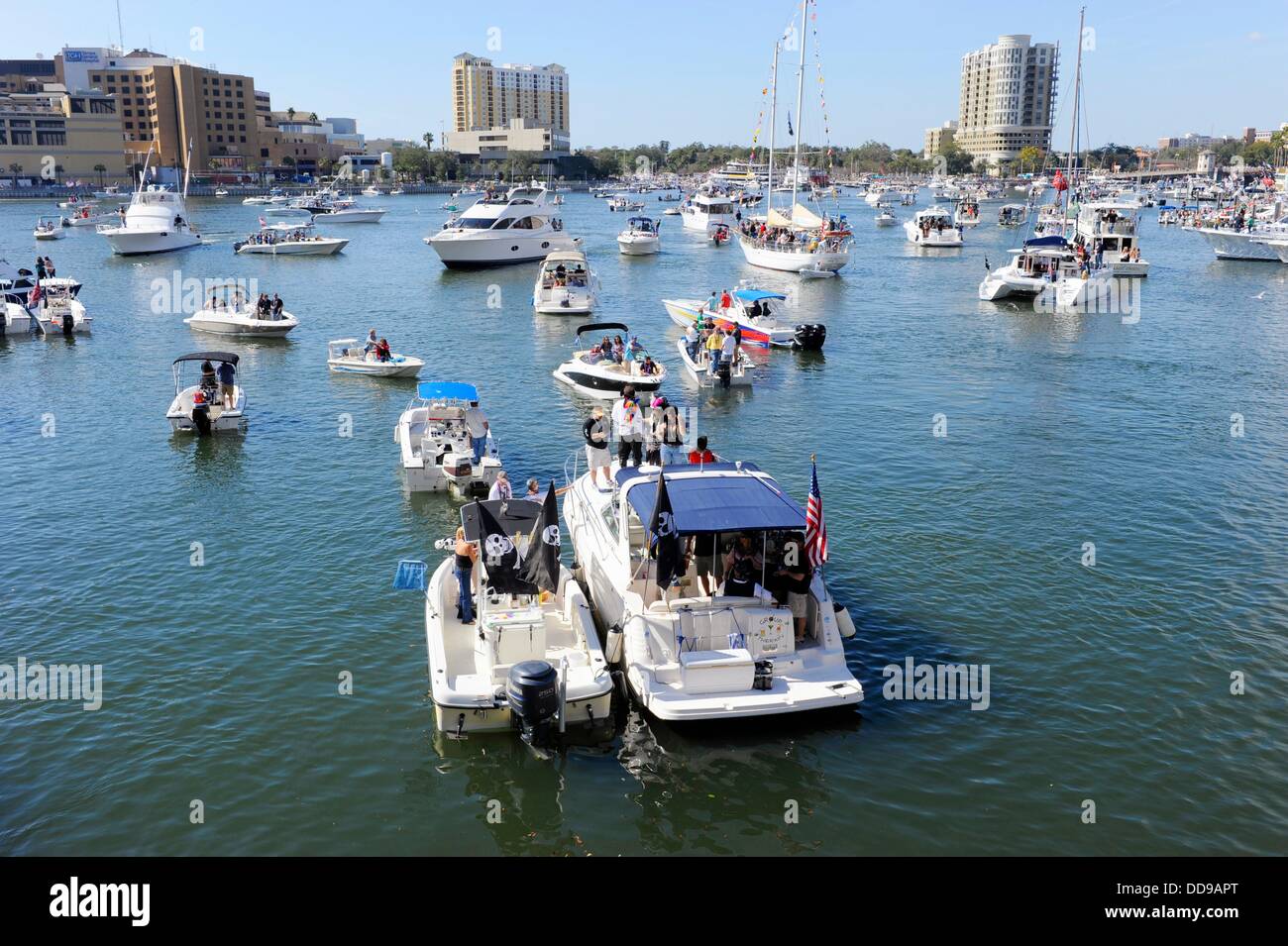 Crowd with boats downtown Tampa Gasparilla Pirate Festival Stock Photo ...