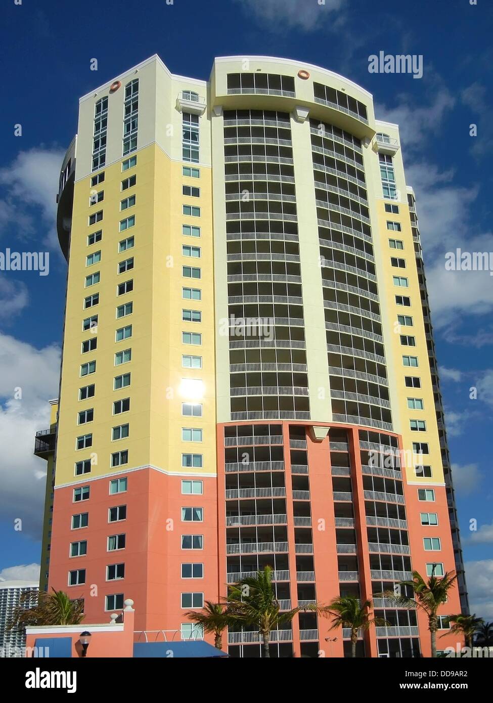 Colorful high rise condominium housing units Ft Myers Florida downtown ...